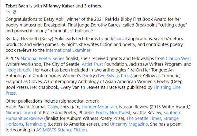 Breakpoint wins the Bibby First Book Prize! | Betsy Aoki